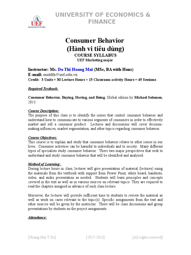 Consumer Behavior Syllabus UEF Marketing | PDF | Lecture | Consumer Behaviour