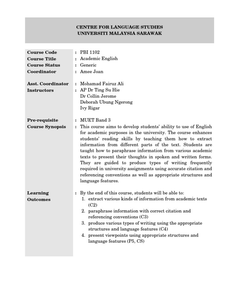 PBI1102 Academic English Course Outline | Download Free PDF | Essays ...