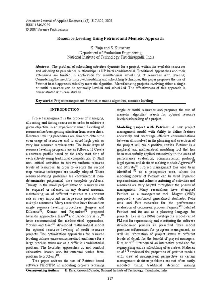 Resource Leveling Using Petrinet and Memetic Approach | PDF | Genetic Algorithm | Mathematical ...