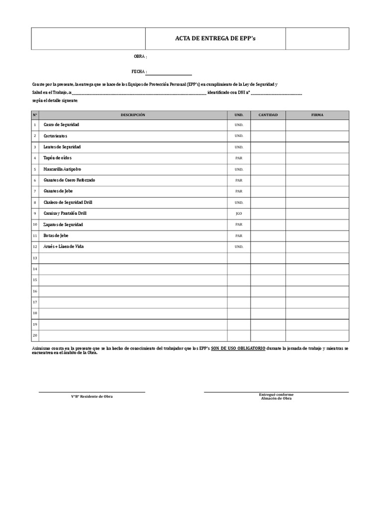 Acta de Entrega de EPPs | PDF