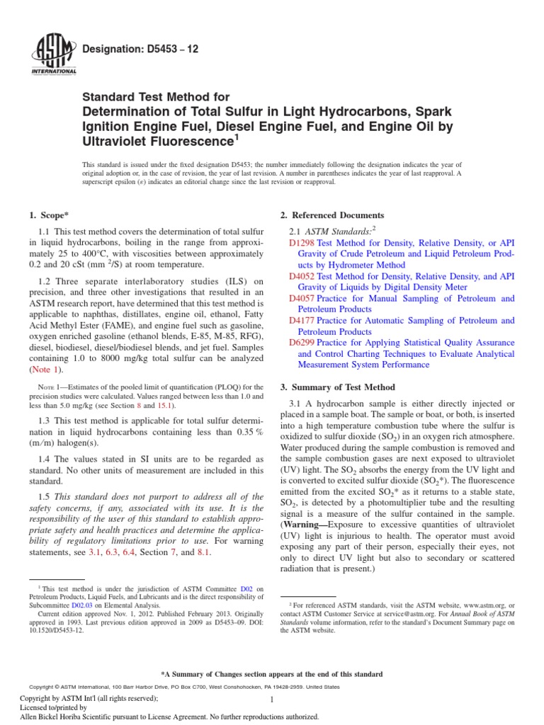Astm d5453 | PDF | Sulfur Dioxide | Kilogram