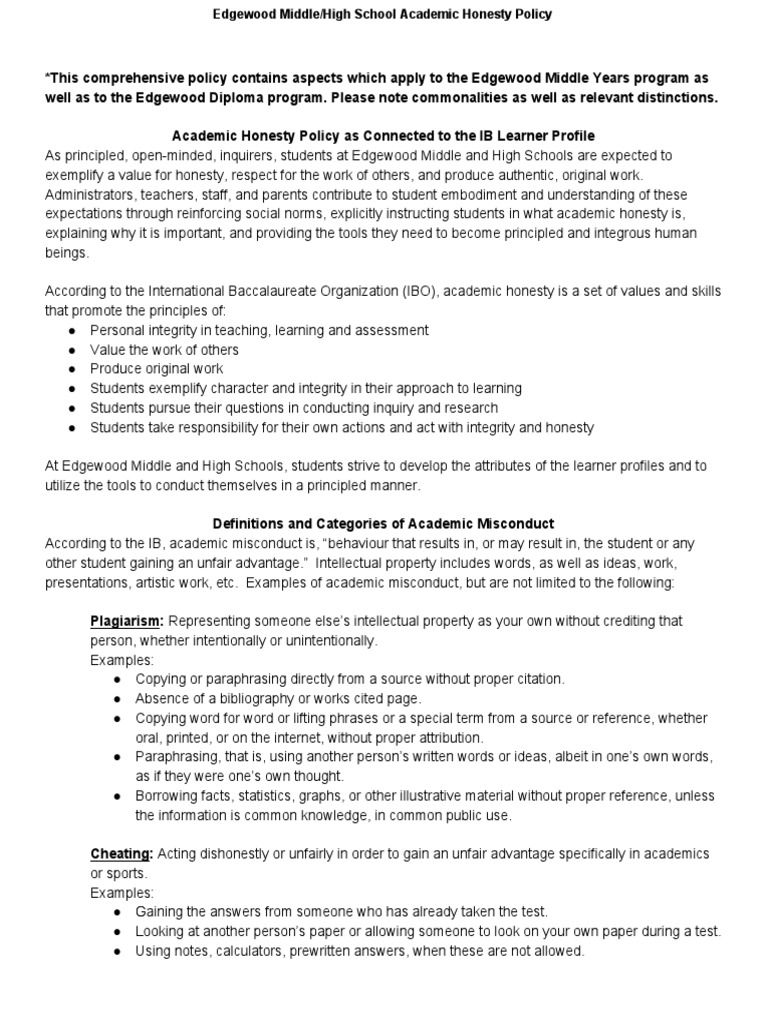 Myp Academic Honesty Policy - Edgewood | PDF
