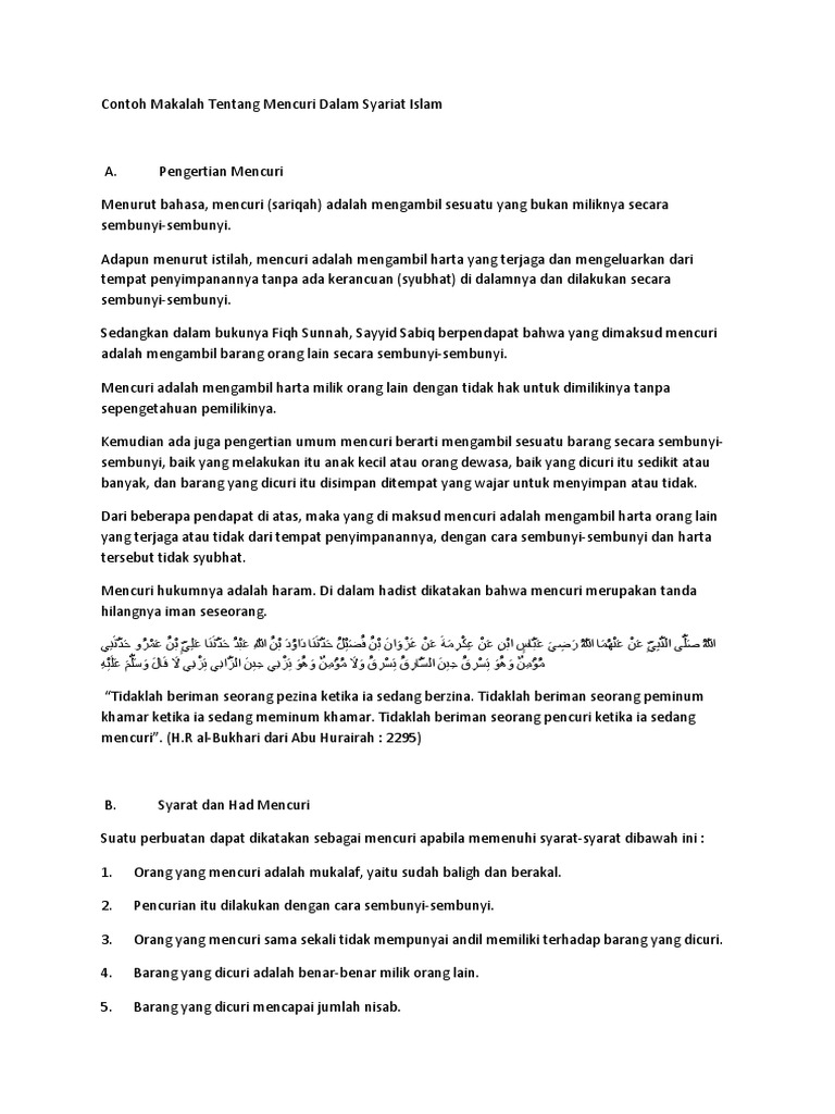 Contoh Makalah Tentang Mencuri Dalam Syariat Islam | PDF