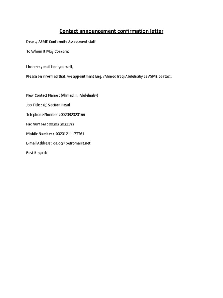 Contact Announcement Confirmation Letter | PDF | Computing | Cyberspace