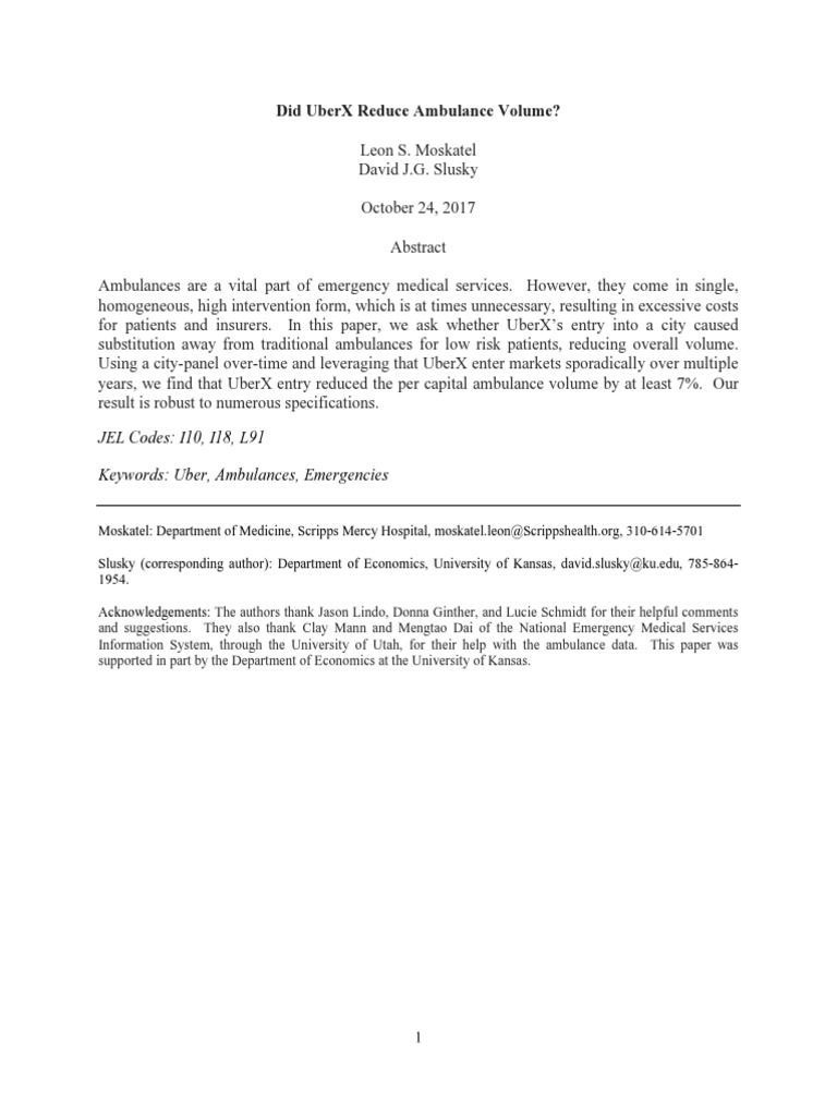 JEL Codes: I10, I18, L91 Keywords: Uber, Ambulances, Emergencies | PDF | Uber (Company) | Zip Code