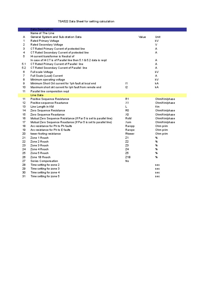 7SA522 Data Sheet For Setting Calculation Data Description Name of The ...