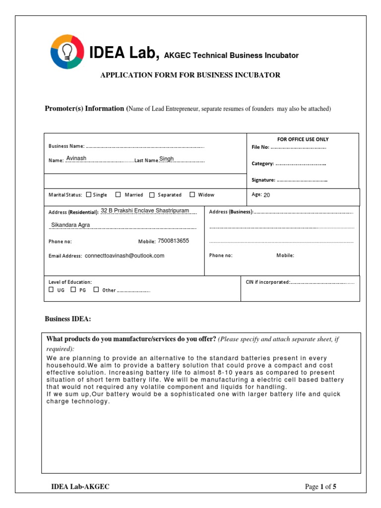 Business Incubator Application Form | PDF | Business | Business (General)