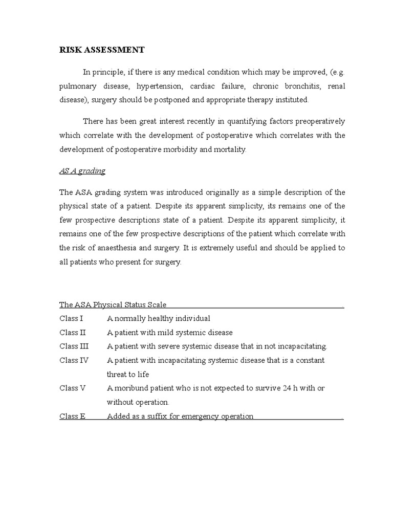 Risk Assessment: AS A Grading | PDF | Anesthesia | Hypoglycemia