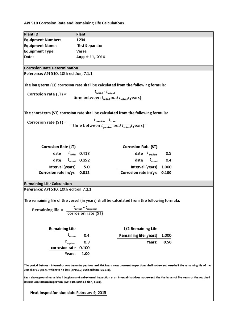 API 510 Corrosion Rate and Remaining Life Calculations | PDF | Nature