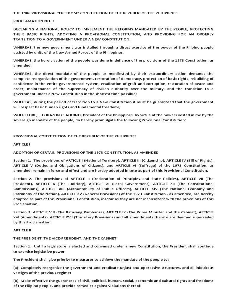 1986 Freedom Constitution of The Republic of The Philippines | PDF ...
