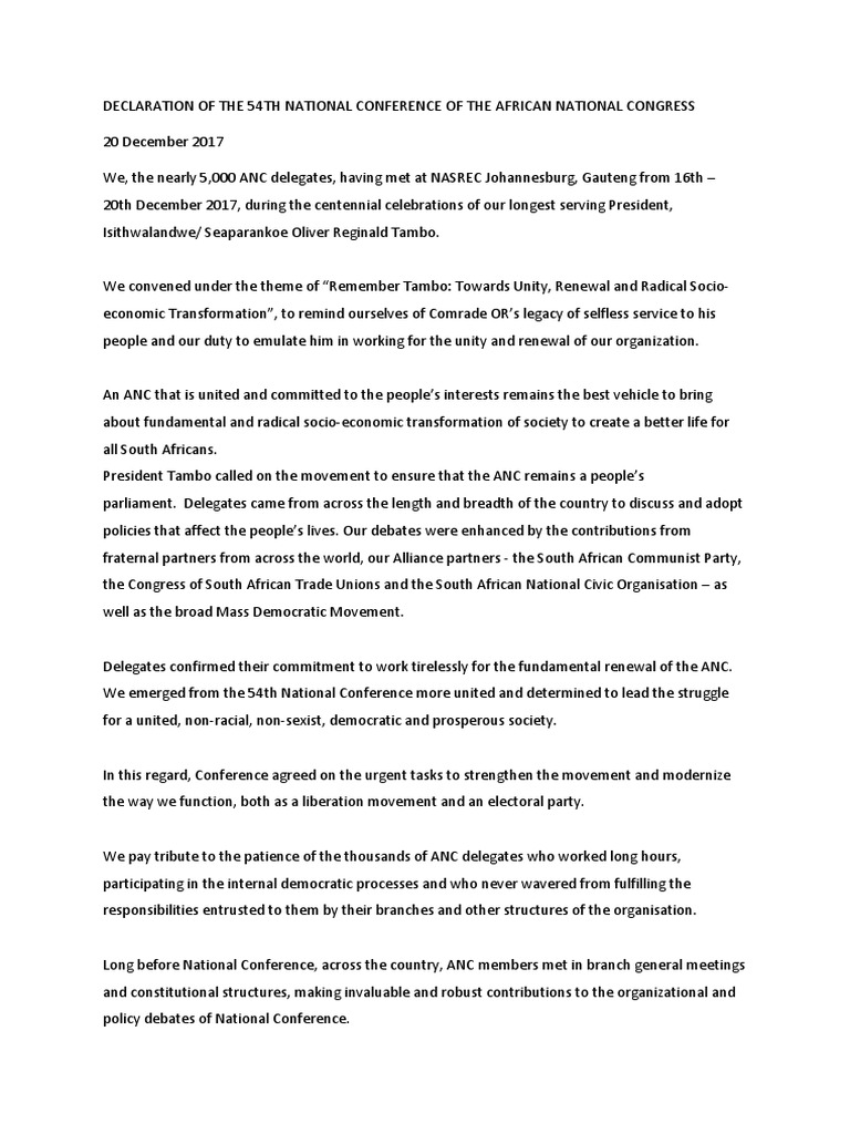 ANC 54th National Conference Declaration | PDF | African National ...