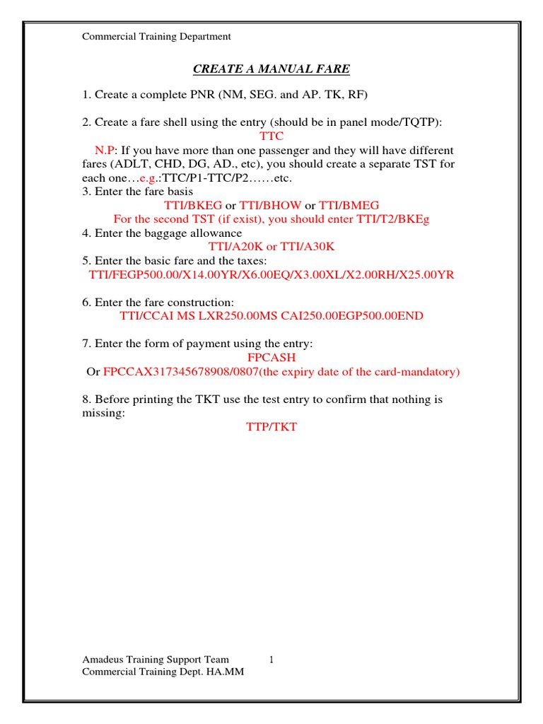 Manual Fare Creation in Amadeus | PDF