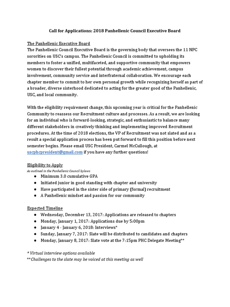2018 USC Panhellenic Council Applications | PDF | Board Of Directors ...