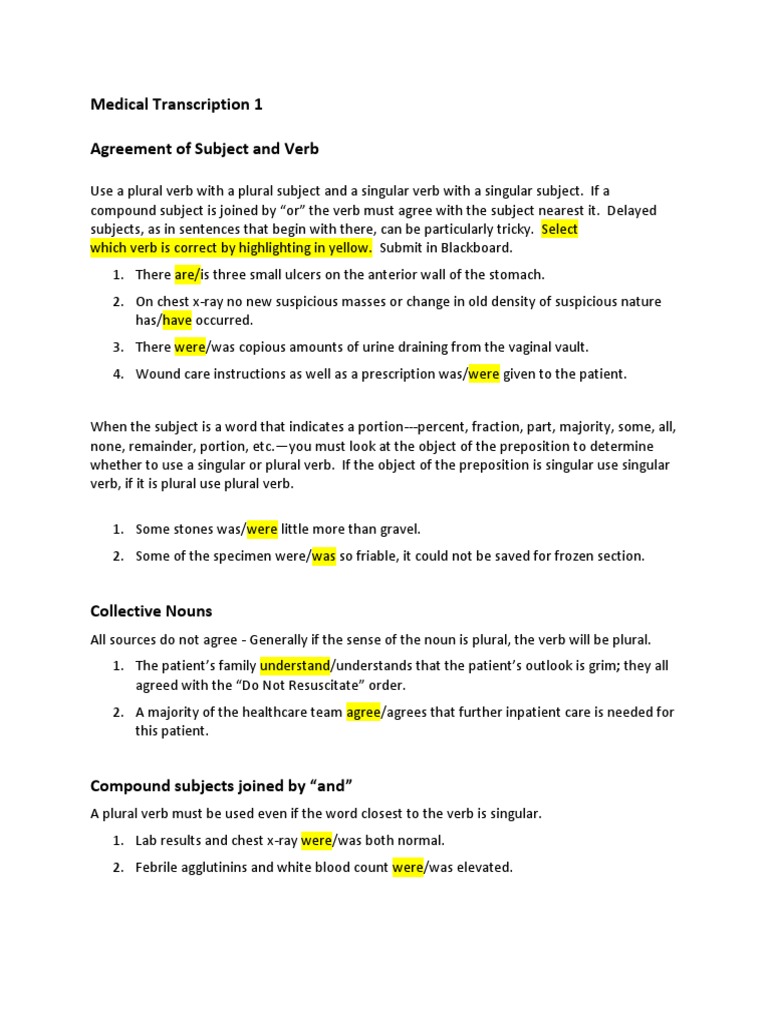 Agreement Subject Verb Worksheet For Med Docs | PDF | Plural | Verb
