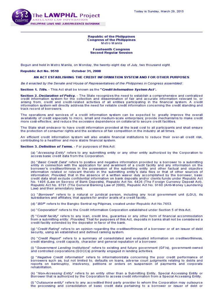 R.A. No. 9510 Credit Information System Act | PDF | Credit (Finance ...