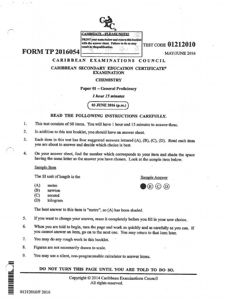 CXC CSEC Chemistry June 2016 P1 PDF | PDF