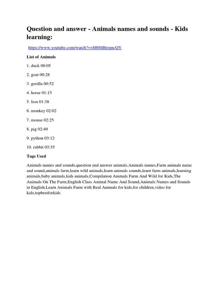 Question and Answer - Animals Names and Sounds - Kids Learning | PDF ...