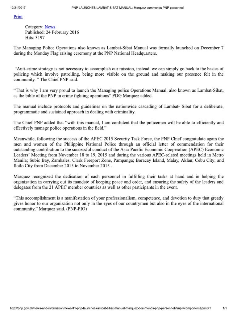PNP Launches Lambat-Sibat Manual | PDF