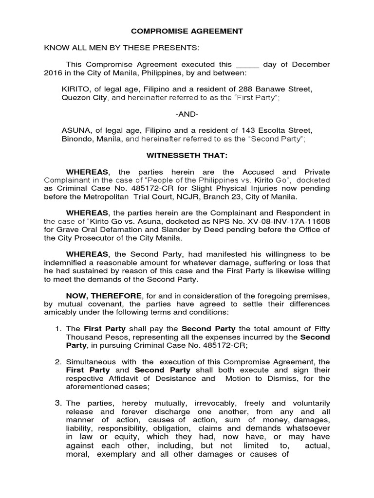 Compromise Agreement Sample | PDF | Defamation | Public Law