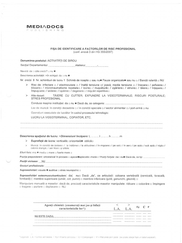 Fisa de Identificare A Factorilor de Risc Profesional (Activitati de ...
