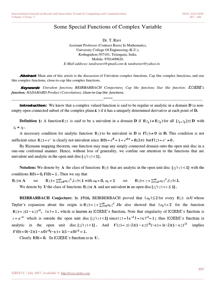 Some Special Functions of Complex Variable | PDF | Analytic Function | Complex Analysis