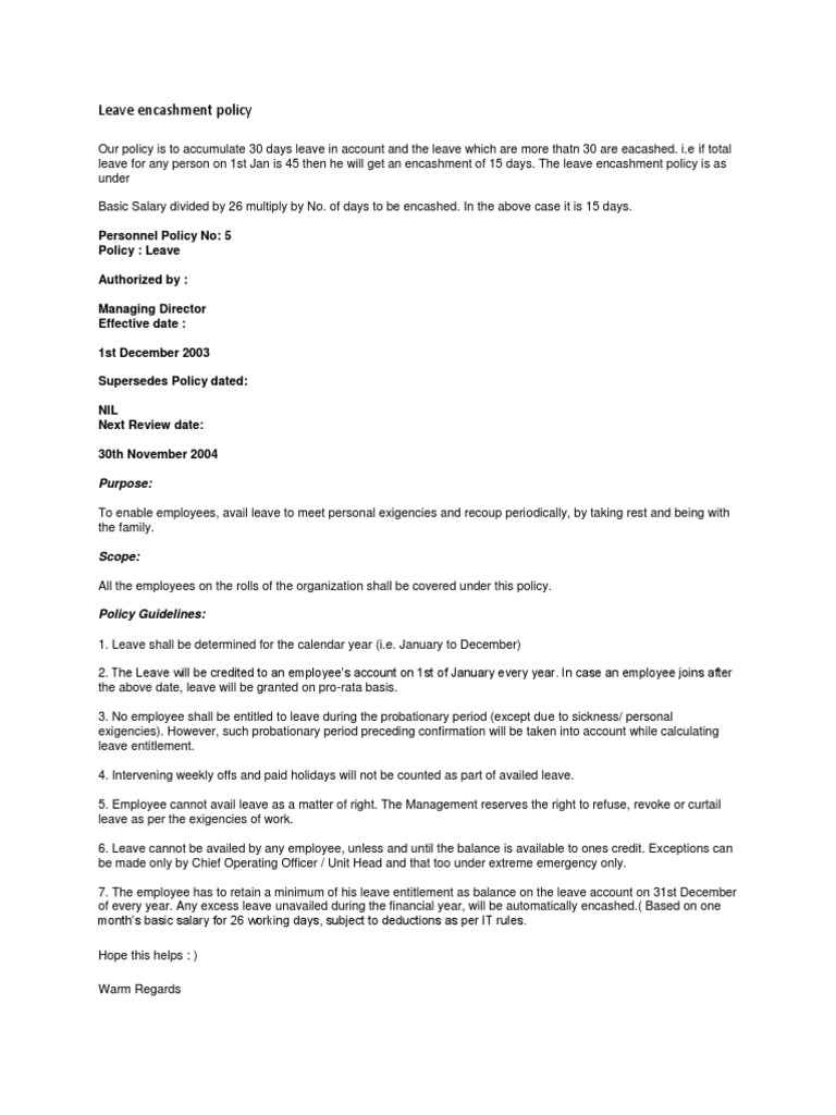 Leave Encashment Policy | PDF