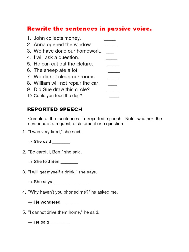 Rewrite The Sentences in Passive Voice.: Reported Speech | PDF