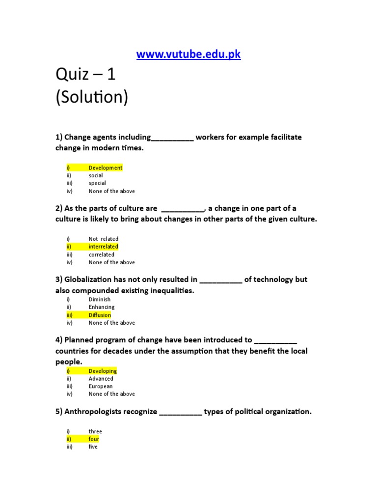 Quiz on Cultural Change and Society | PDF | Anthropology | Cultural ...