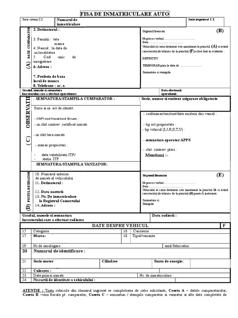 Fisa Inmatriculare Blank | PDF