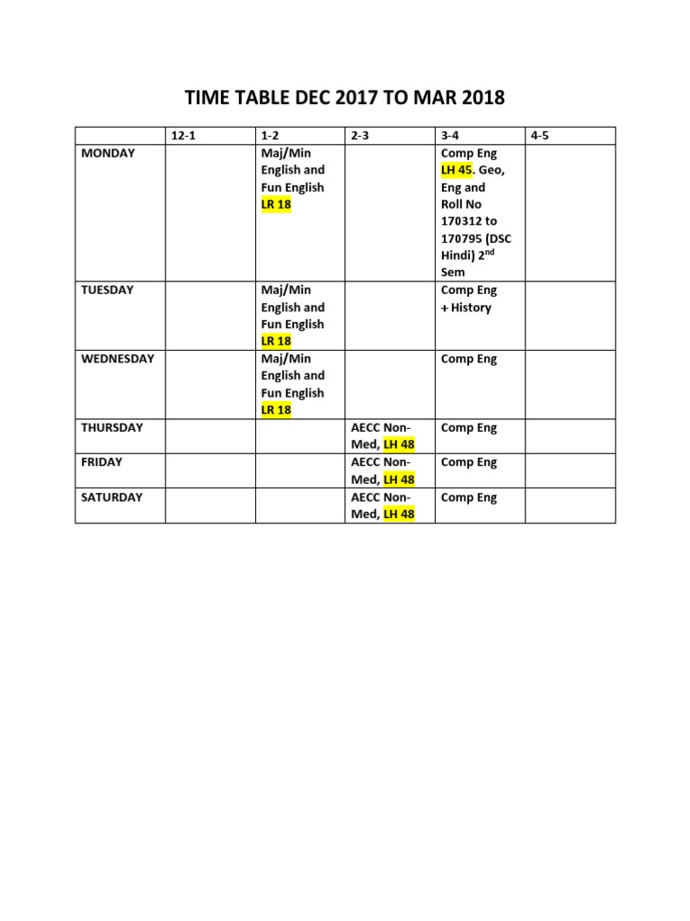 Time Table Dec To Jun 18 | PDF