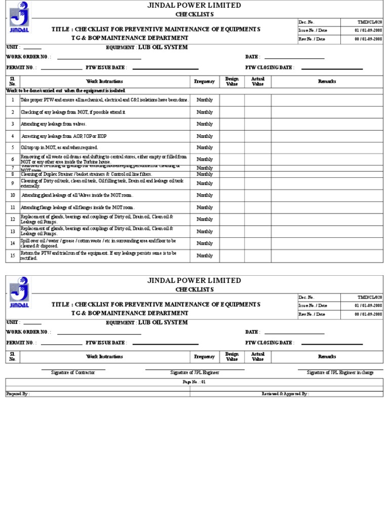 Checklists Title: Checklist For Preventive Maintenance of Equipments TG ...