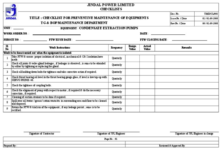 Checklist for Preventive Maintenance of Condensate Extraction Pumps ...