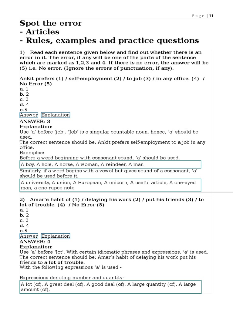 Article Error Correction Exercises | PDF | Noun | Plural
