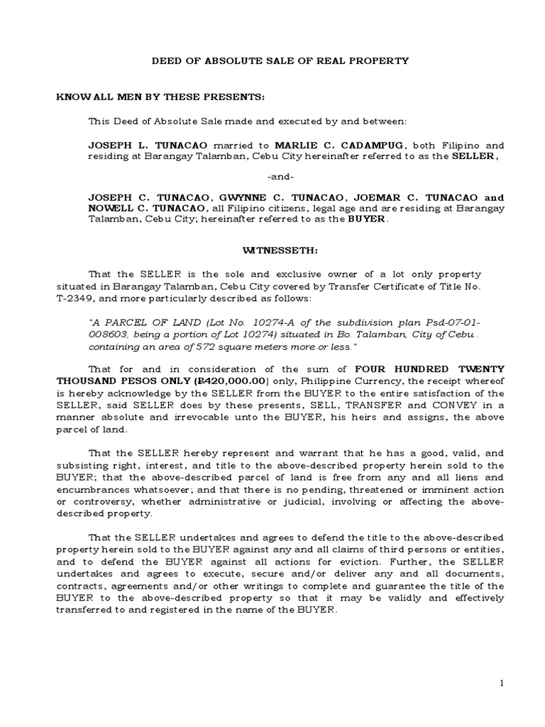 Deed of Sale of Real Property | PDF | Deed | Property Law