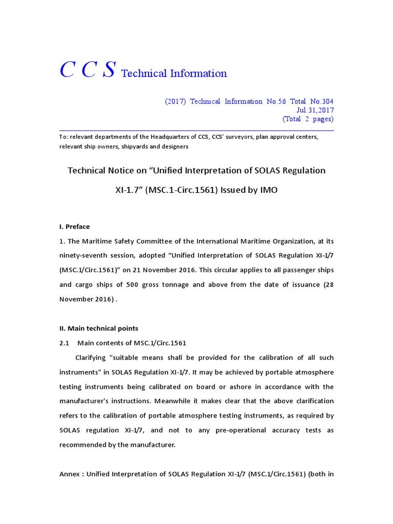 Technical Notice On "Unified Interpretation of SOLAS Regulation XI-1.7 ...