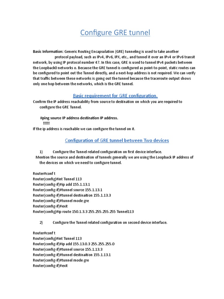 Configure GRE Tunnel: Basic Requirement For GRE Configuration | PDF ...