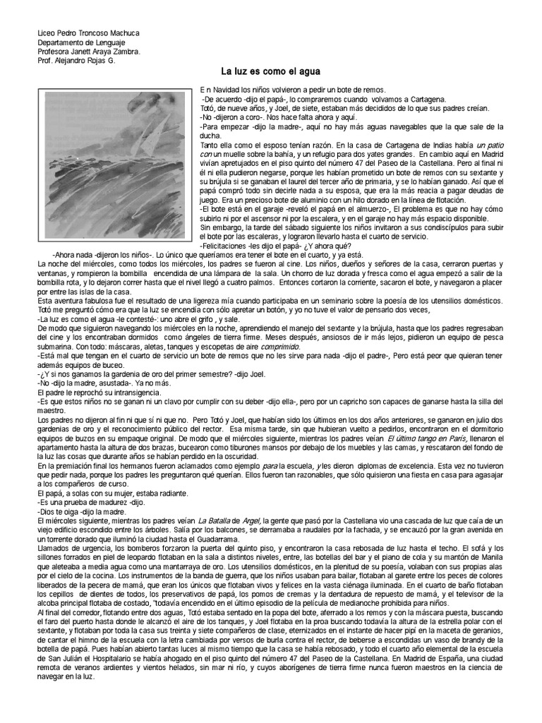 La luz es como el agua: análisis y resumen | PDF | Cuentos