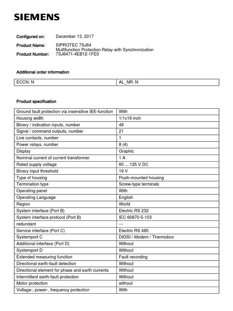 SIPROTEC 7SJ64 Specs & Export Info | PDF | Relay | Electrical Engineering