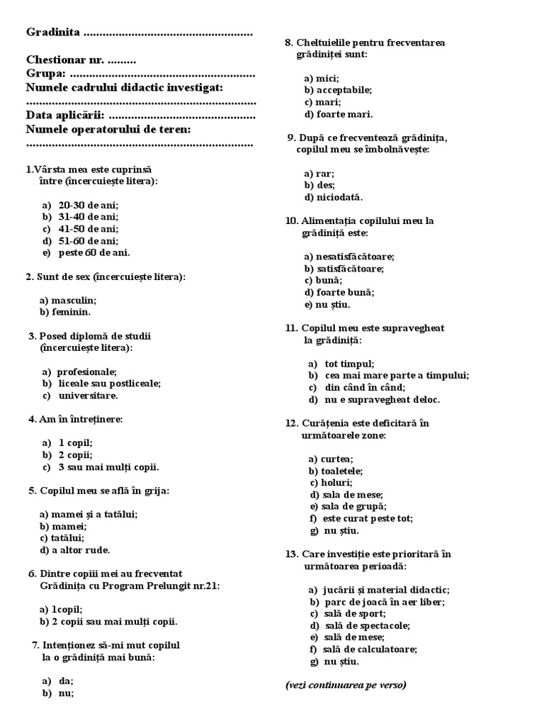 Chestionar Pentru Parinti Gradinite | PDF