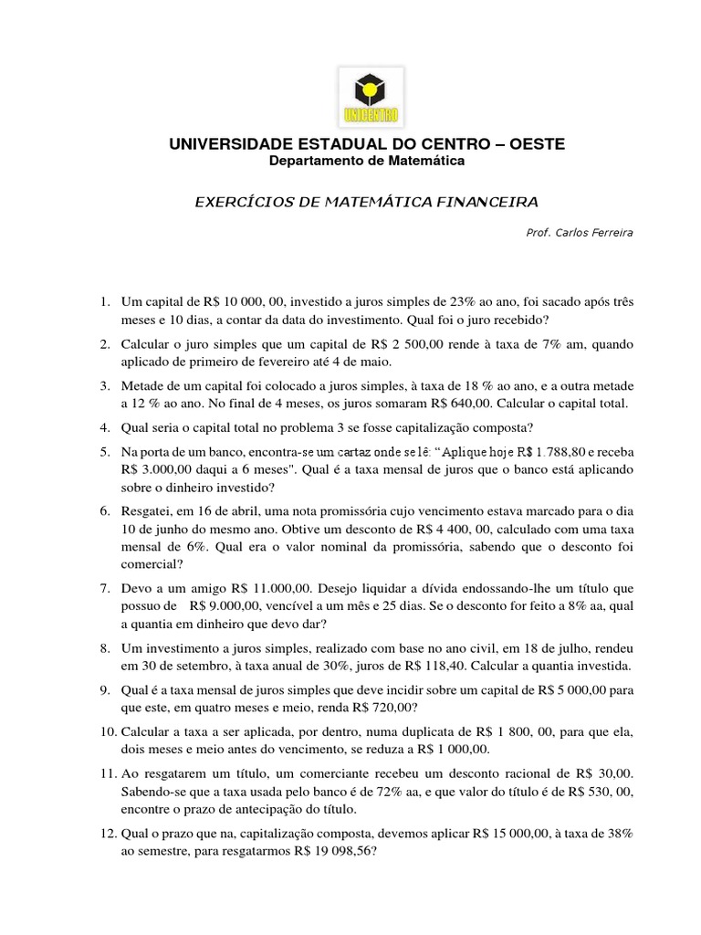 Exertcícios de Matfin 1 | PDF | Desconto | Juros