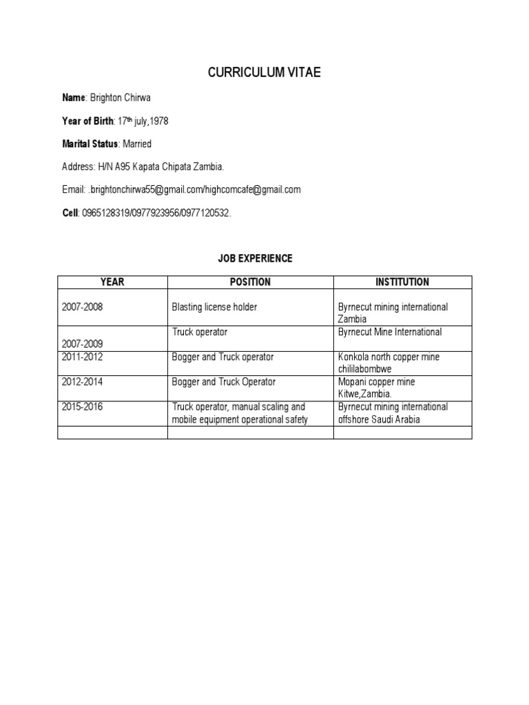 CURRICULUM VITA1 10.docx Bri - Docx Chirwa | PDF