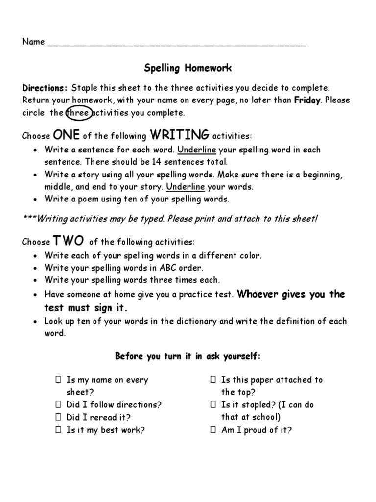 Spelling Homework Weekly Activities Sheet | PDF