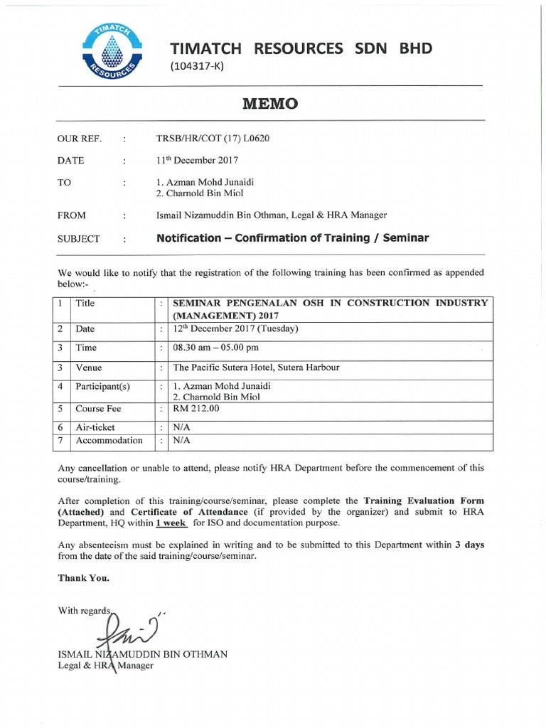 OSH Training Memo | PDF