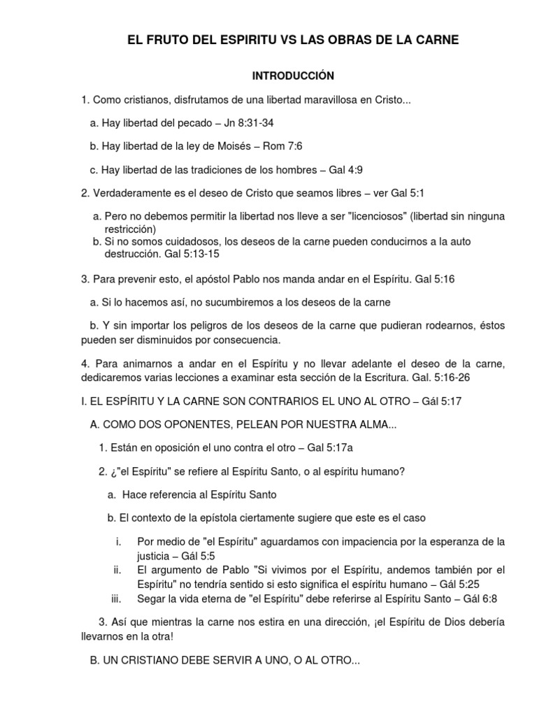 El Fruto Del Espiritu Vs Las Obras de La Carne | PDF | Pecado | Cristo ...