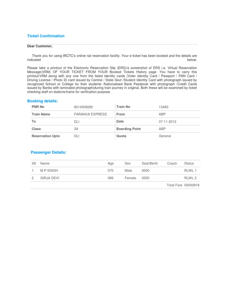 Ticket Confirmation: Dear Customer | PDF