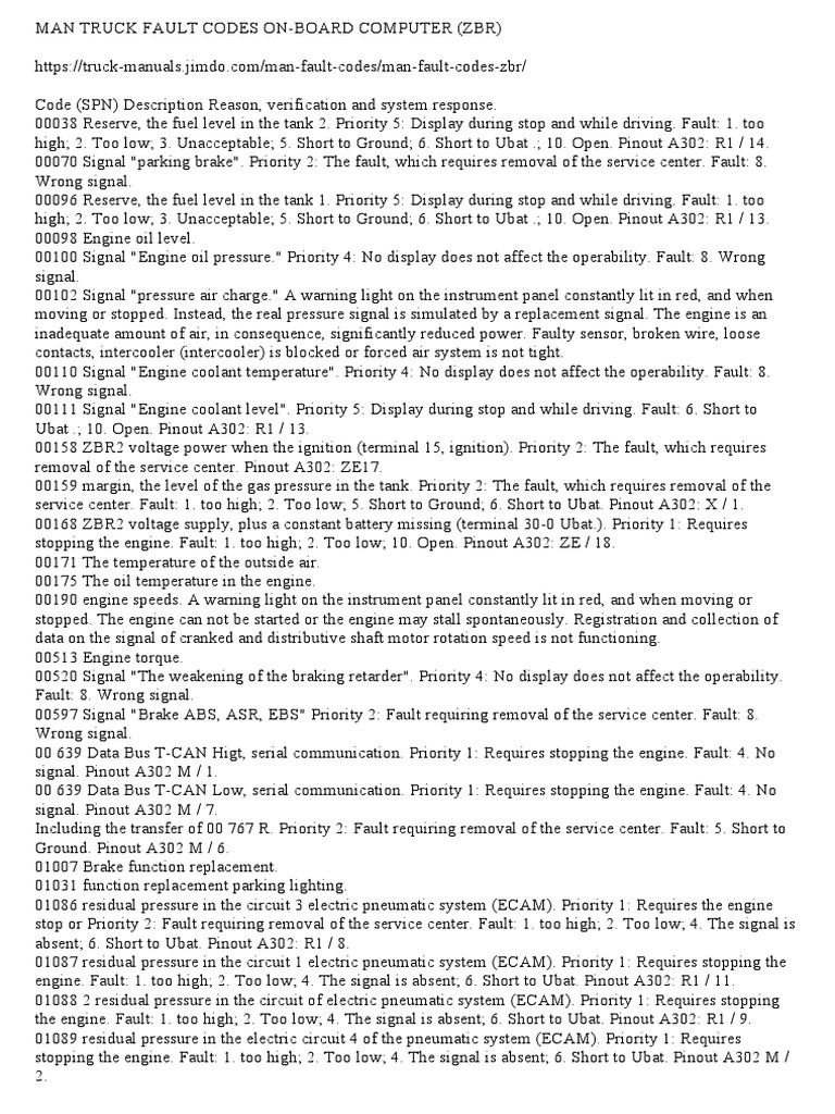 Man Truck Fault Codes On-Board Computer (ZBR) | PDF | Vehicle Parts ...