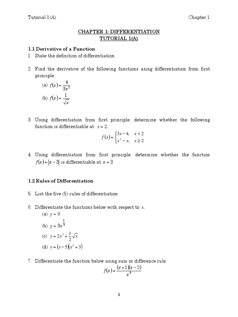 Chapter 1: Differentiation Tutorial 1 (A) 1.1 Derivative of A Function | PDF | Derivative ...