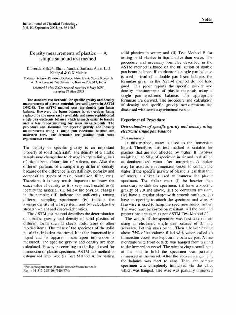 Density Measurement of Plastics | PDF | Weighing Scale | Density