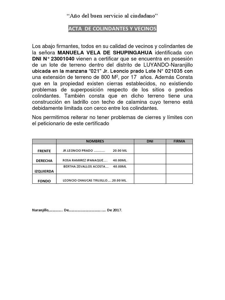 Acta de Colindantes y Vecinos