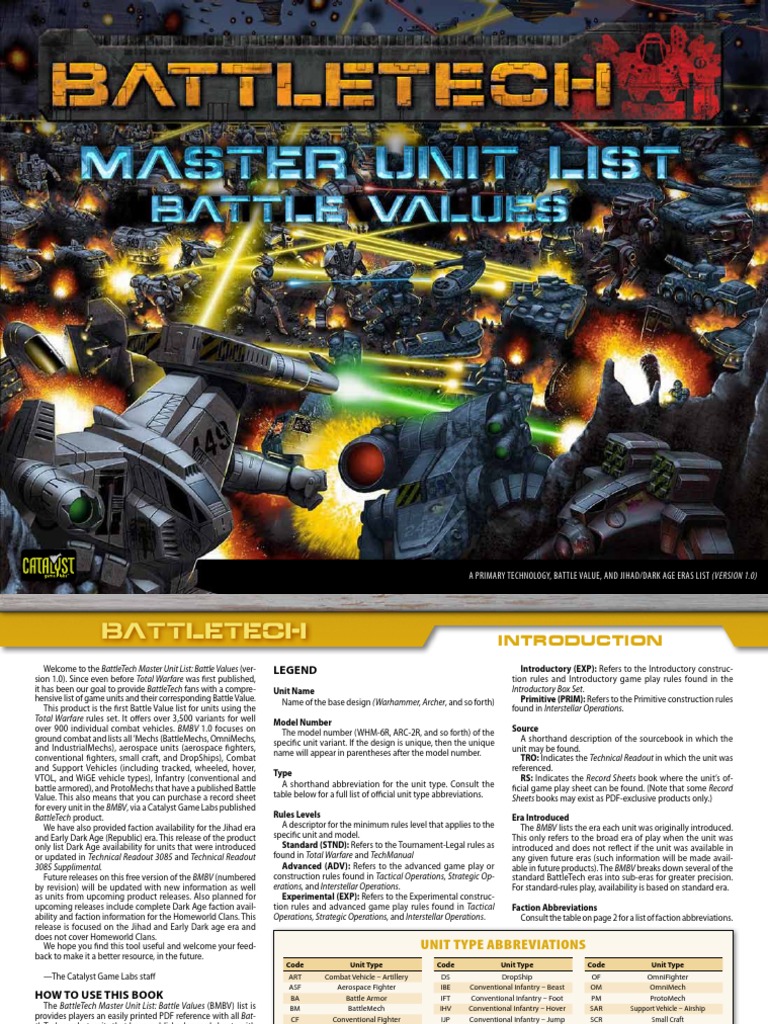 BattleTech Master Unit List: Battle Values | PDF | Battle Tech